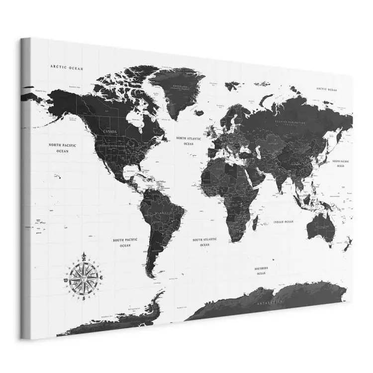 Obraz Stopy kontinentů (1 díl) - Černobílá mapa světa s nápisy tištěný ...